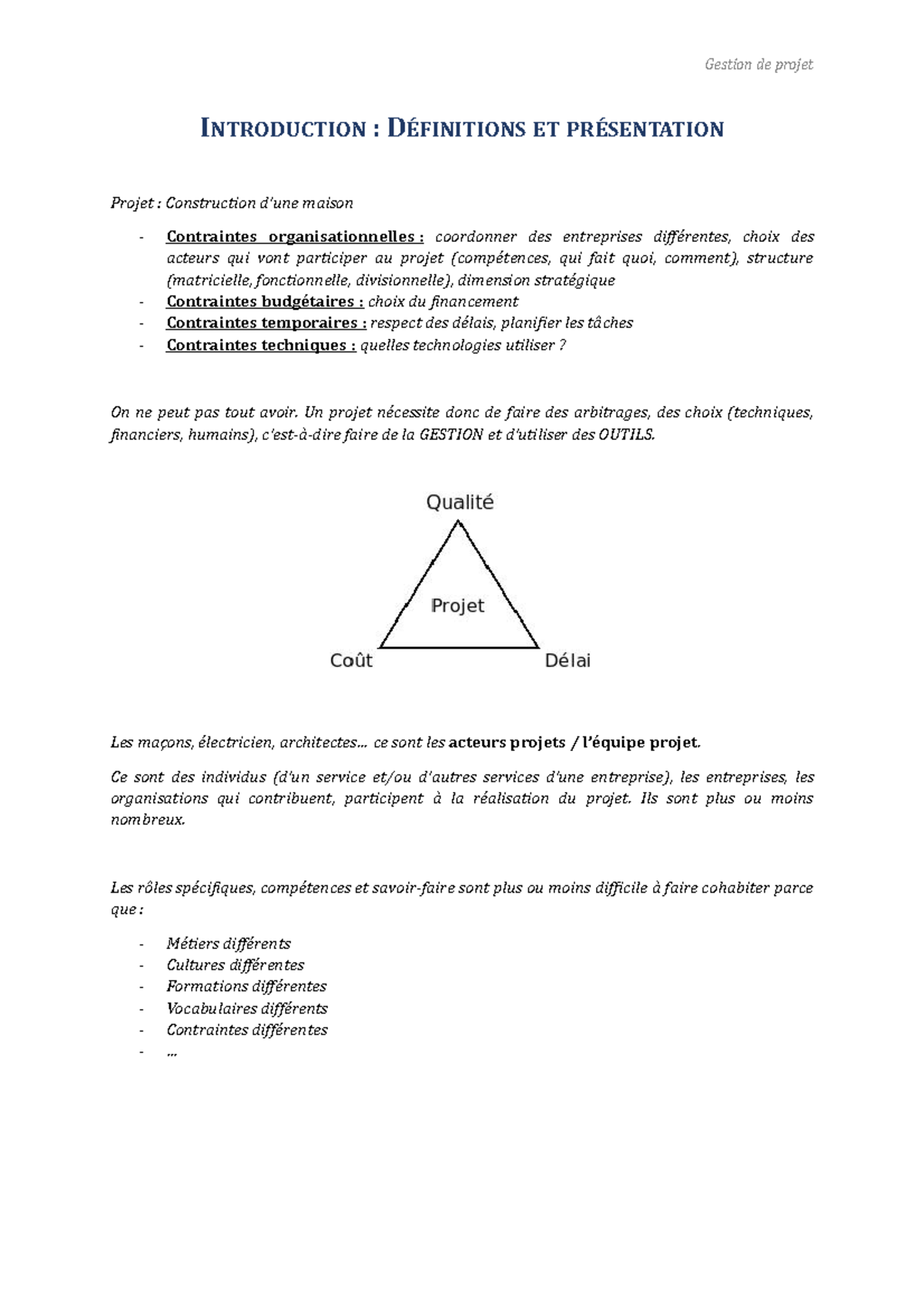 Cours - Méthodes et outils de gestion de projet - INTRODUCTION ...