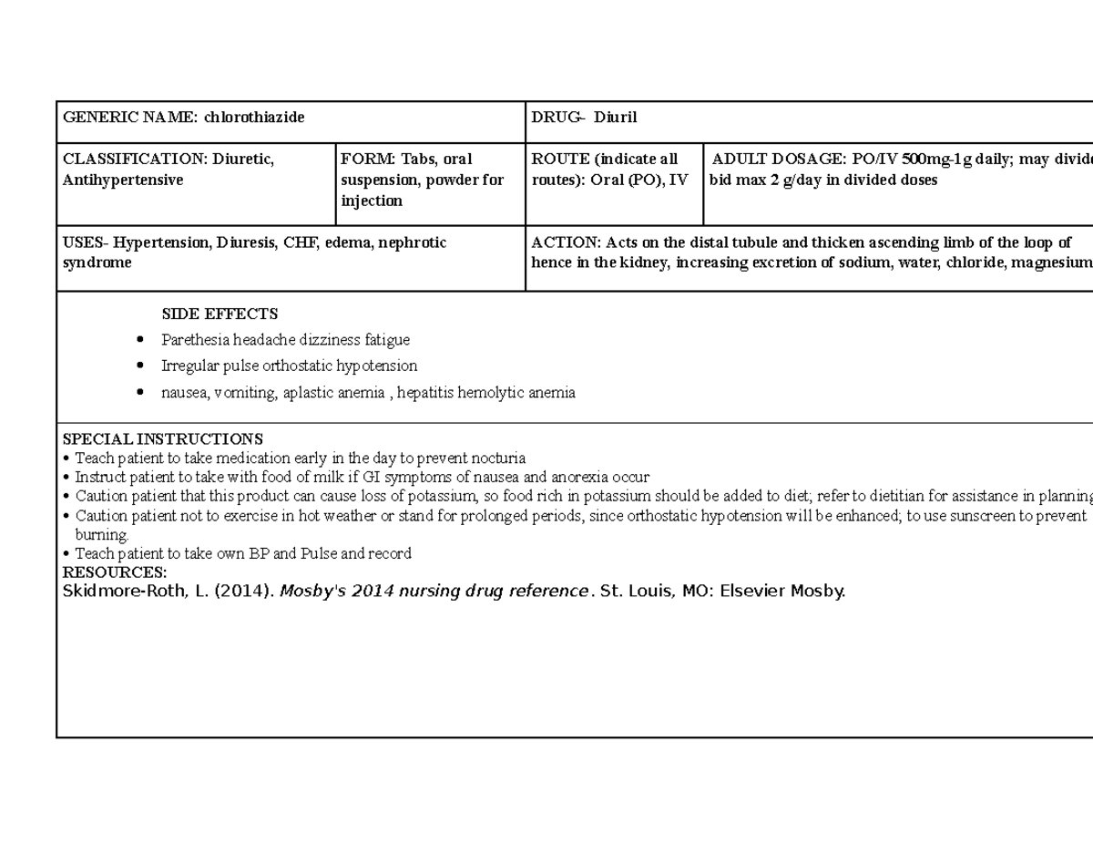 Phamr Drug Card Project - GENERIC NAME: chlorothiazide DRUG- Diuril ...