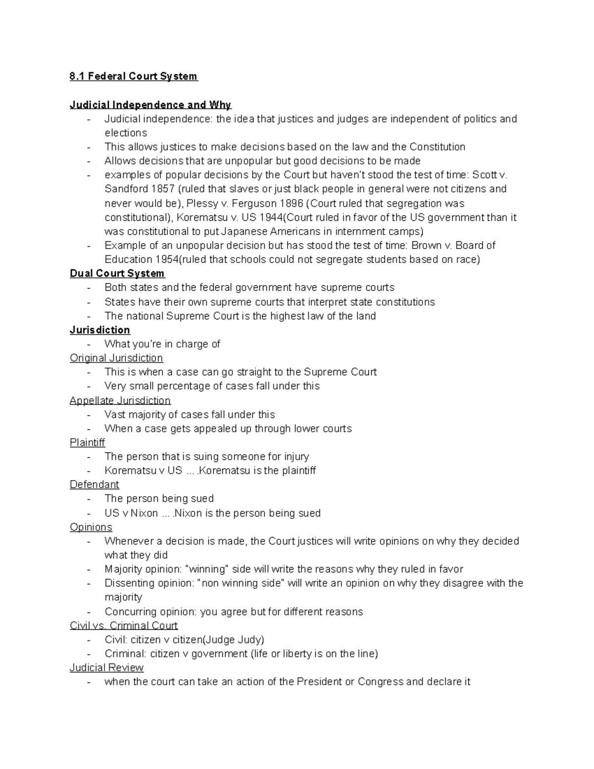 Government Notes 3 - 8 Federal Court System Judicial Independence and ...