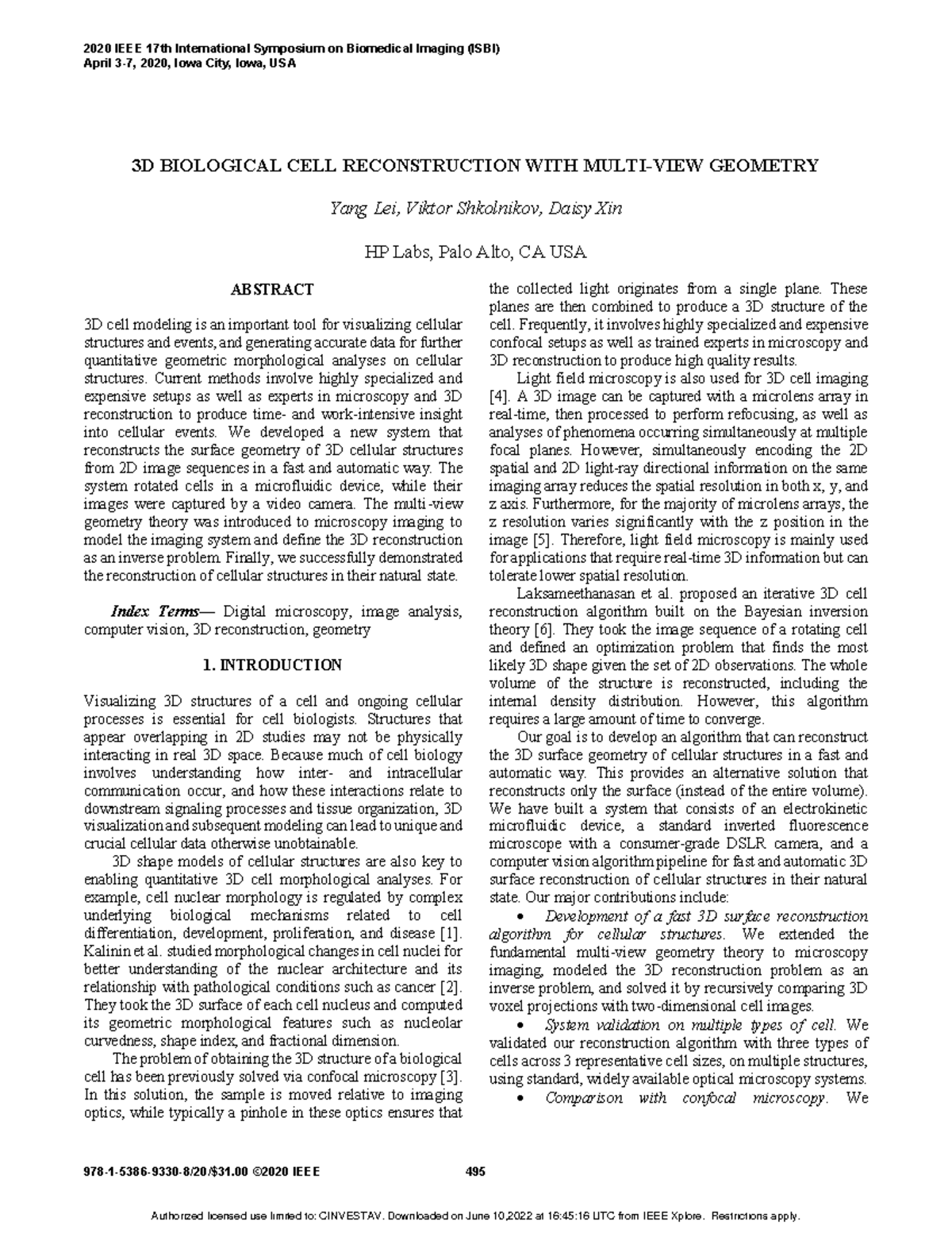 3D Biological Cell Reconstruction with Multi-View Geometry - 3D ...