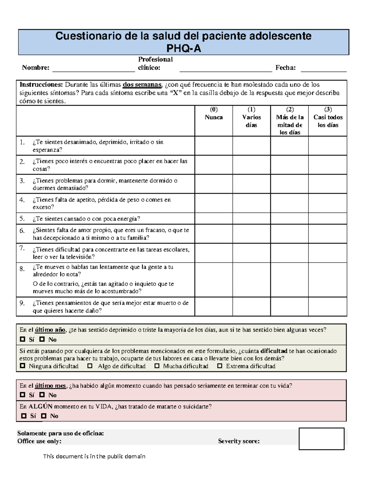 PHQ A Spanish 002 - TEST - This document is in the public domain Nombre ...