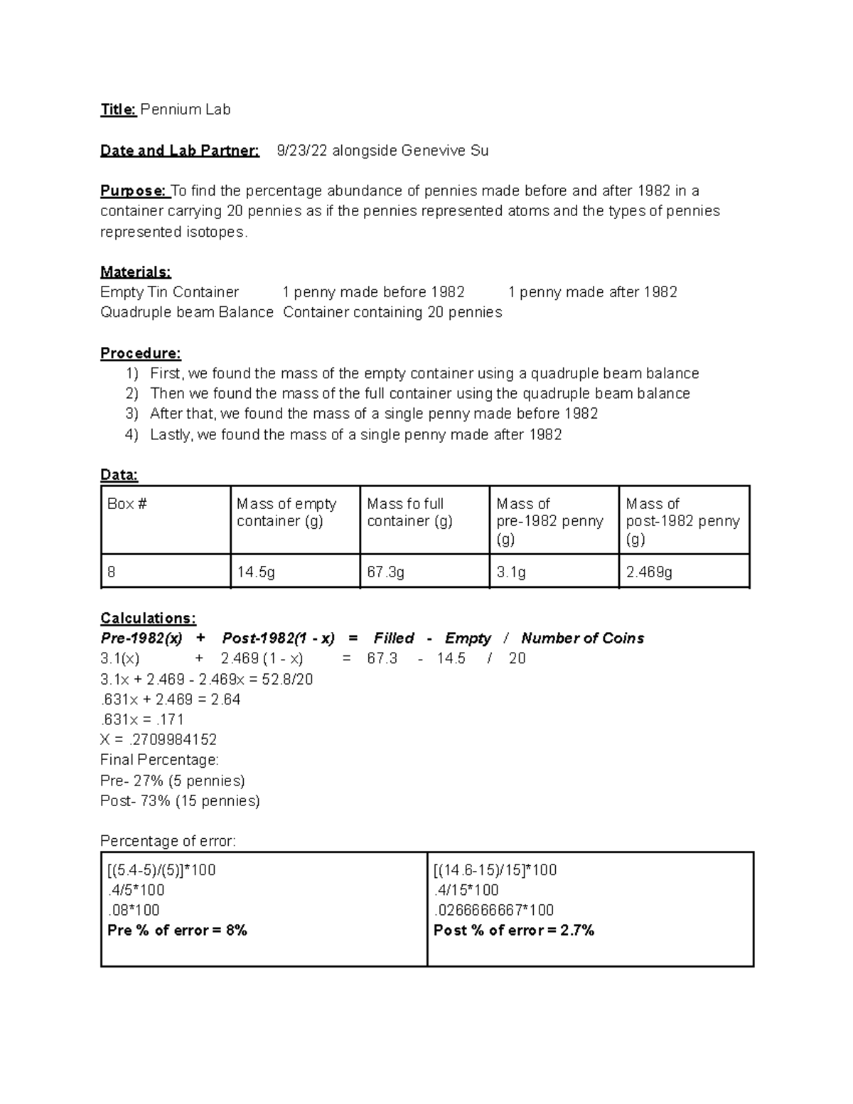 Sinha Sanvi-Pennium Lab Report - Title: Pennium Lab Date and Lab ...