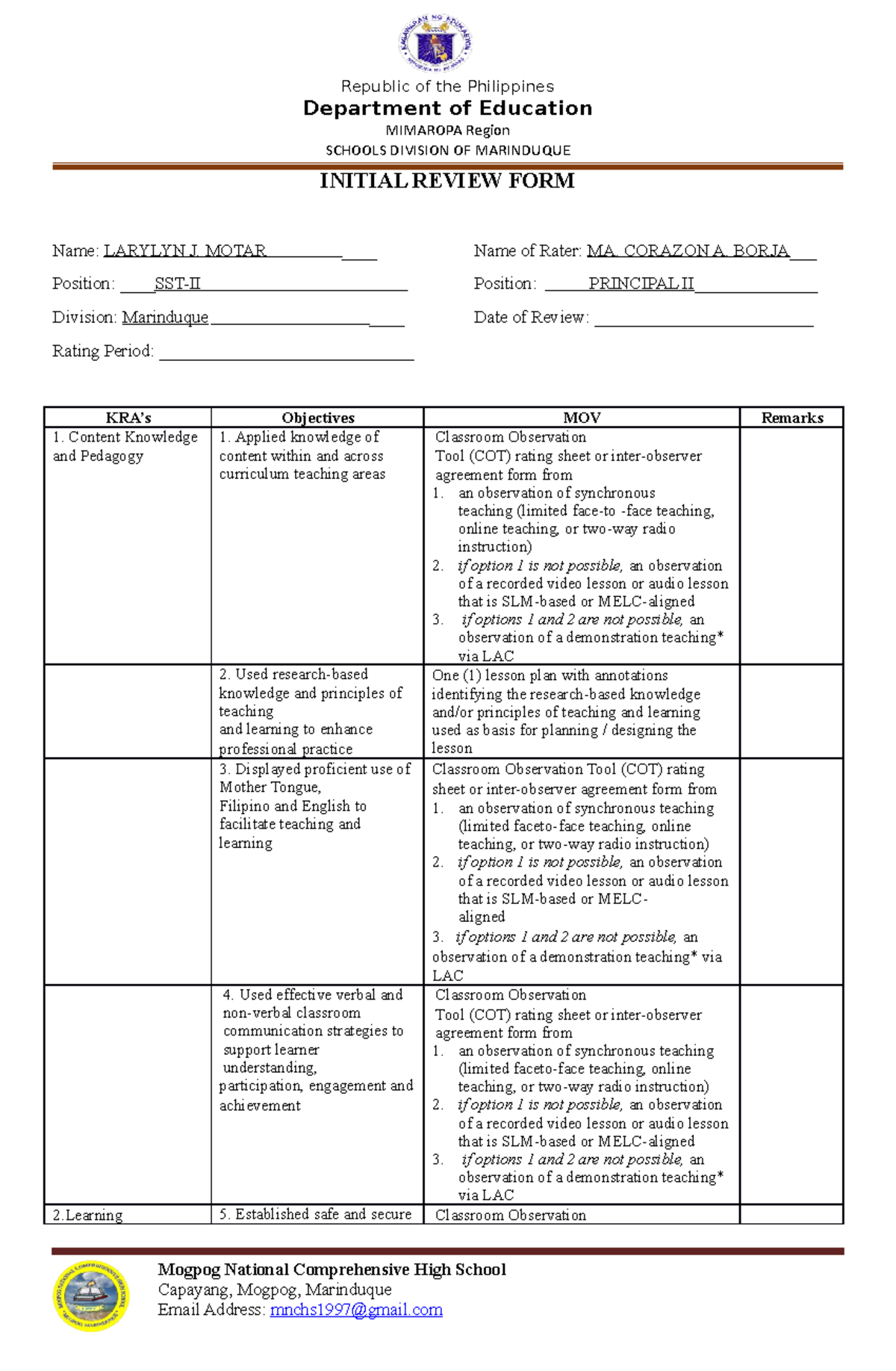Midyear- Review-FORM - RPMS - Department of Education MIMAROPA Region ...