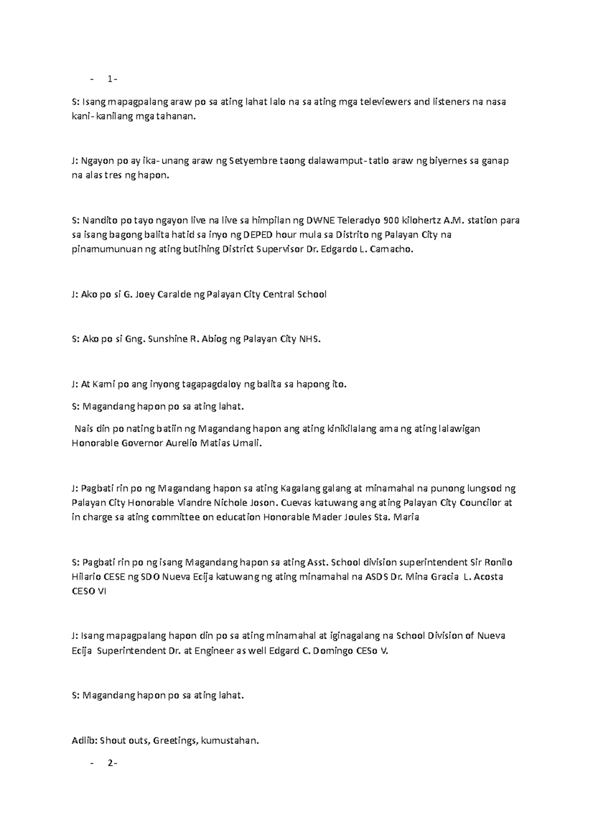 DWNE- Spiels-S.R.A - Sample script - S: Isang mapagpalang araw po sa ...