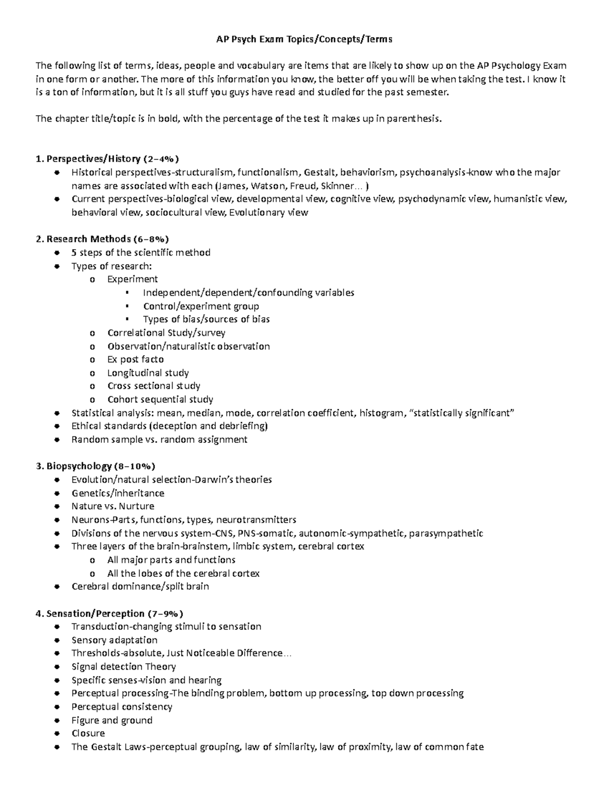 APPsych Exam Topics - AP Psych Exam Topics/Concepts/Terms The following ...