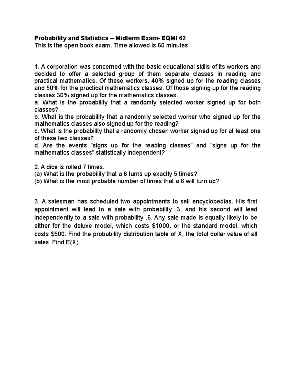 Probability and Statistics Midterm Exam EQMI - Probability and ...