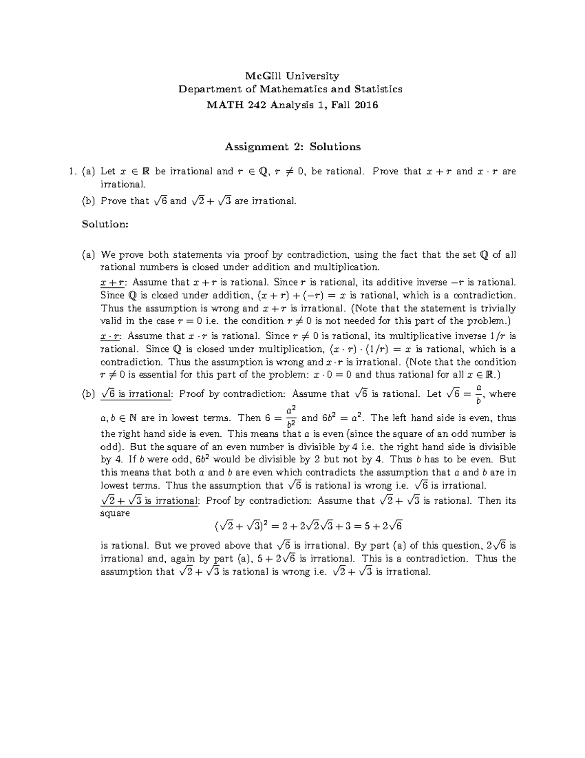 Fall2016 Assg2 solutions - McGill University Department of Mathematics and Statistics MATH 242 ...