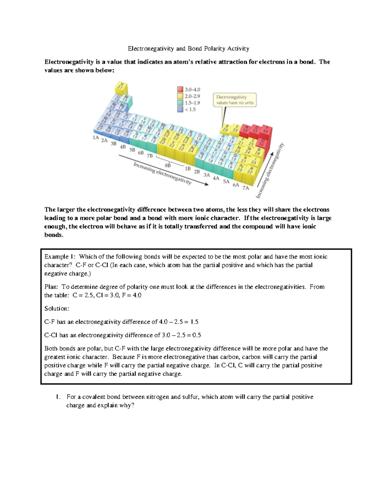 4.b Bond Polarity - Homework - Electronegativity and Bond Polarity ...