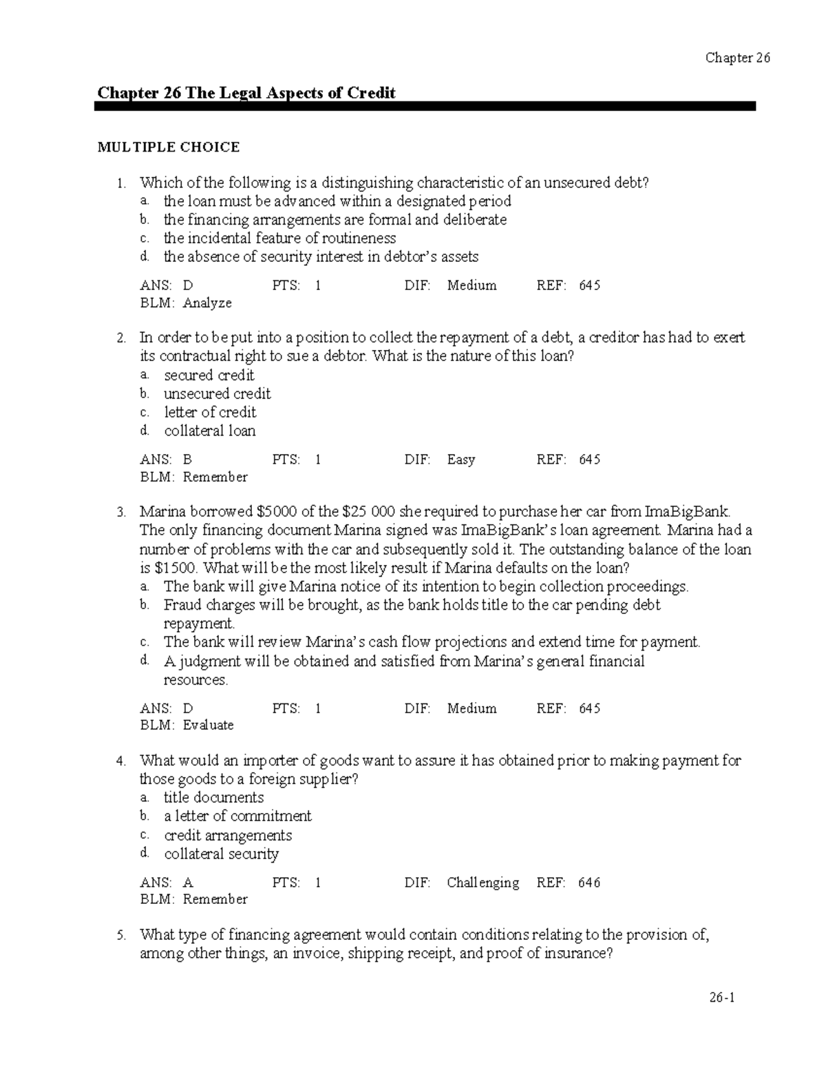26 Spring 2020, questions and answers - Chapter 26 The Legal Aspects of ...