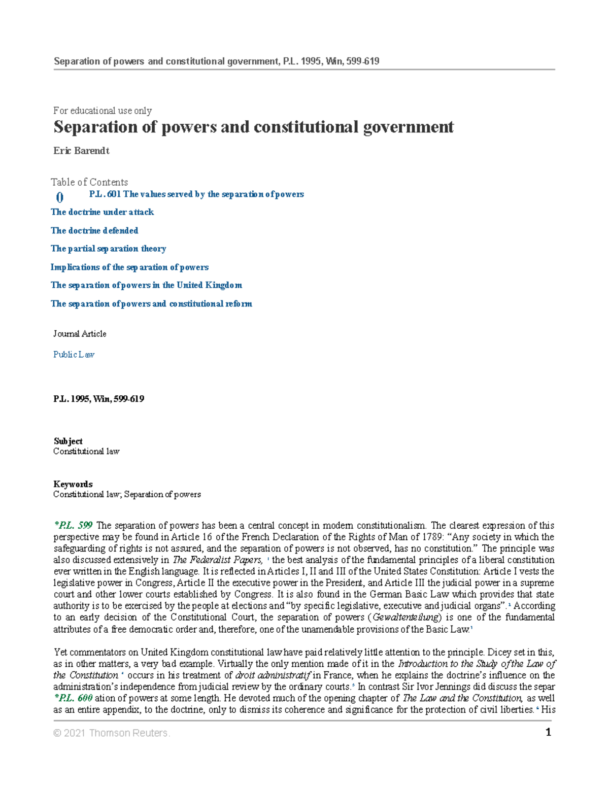 Barendt Separation of powers and constitutional government - For ...