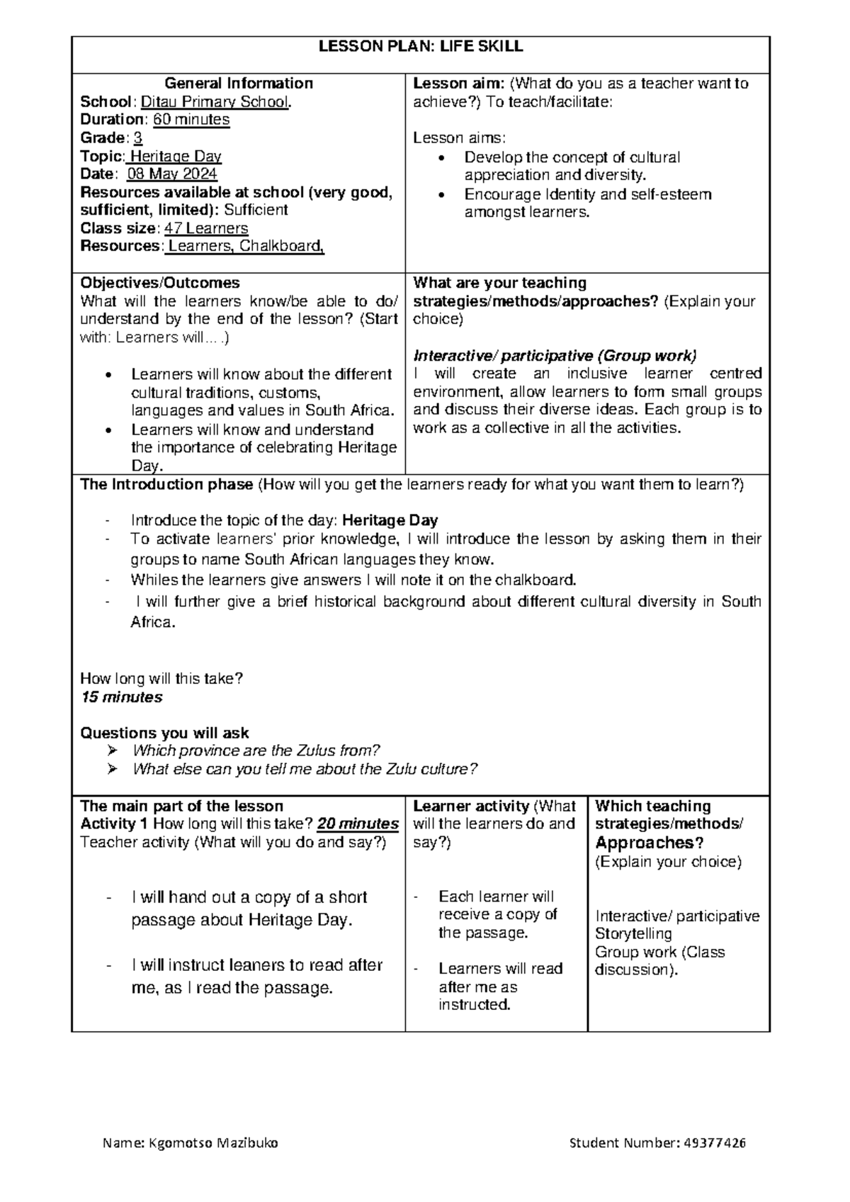 Lesson PLAN (Life Skills). - LESSON PLAN: LIFE SKILL General ...