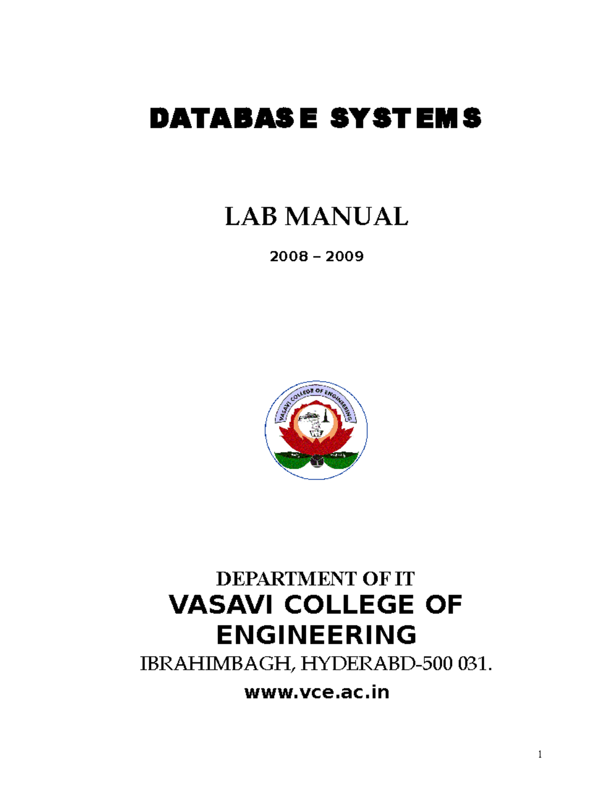 DBMS-Lab-Manual - Lab - DATABAS E SY ST EM S LAB MANUAL 2008 – 2009 ...