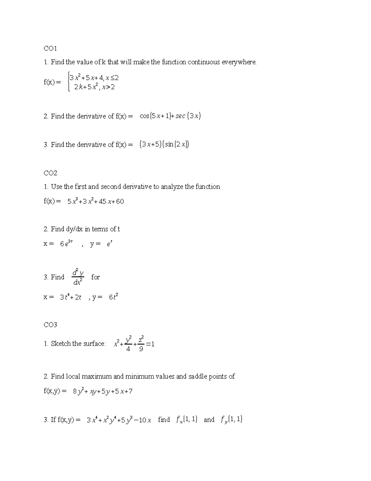 Sample/practice exam, questions and answers - CO1 1. Find the value of ...