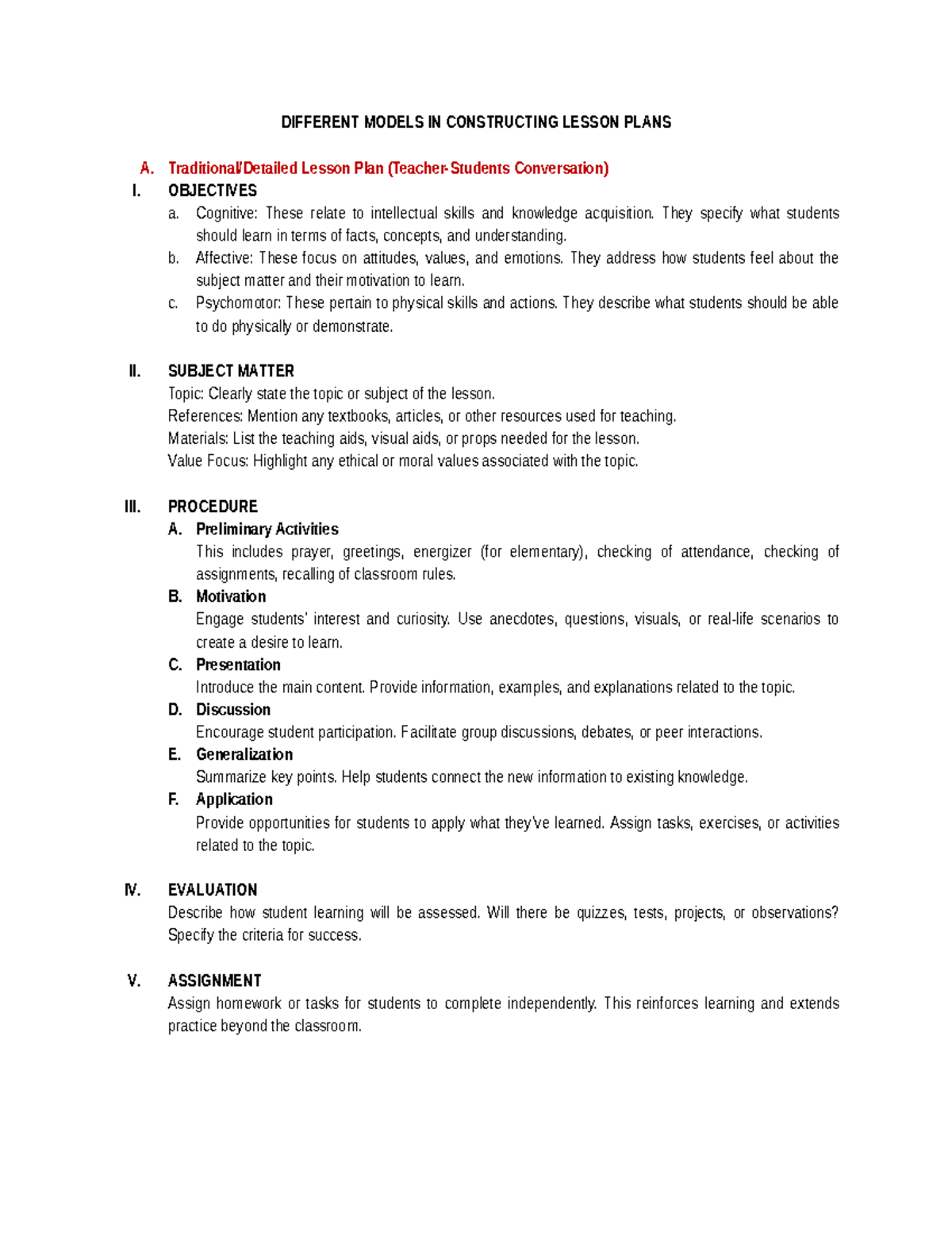 Different Models in Constructing Lesson Plans - DIFFERENT MODELS IN CONSTRUCTING LESSON PLANS A ...