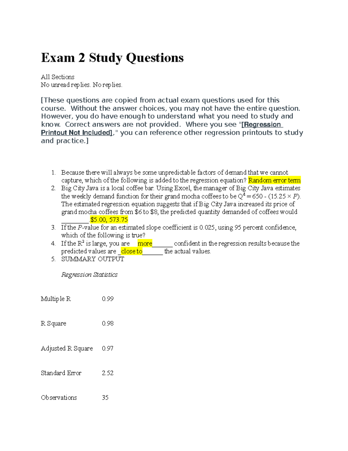 Exam 2 study questions - Exam 2 Study Questions All Sections No unread ...