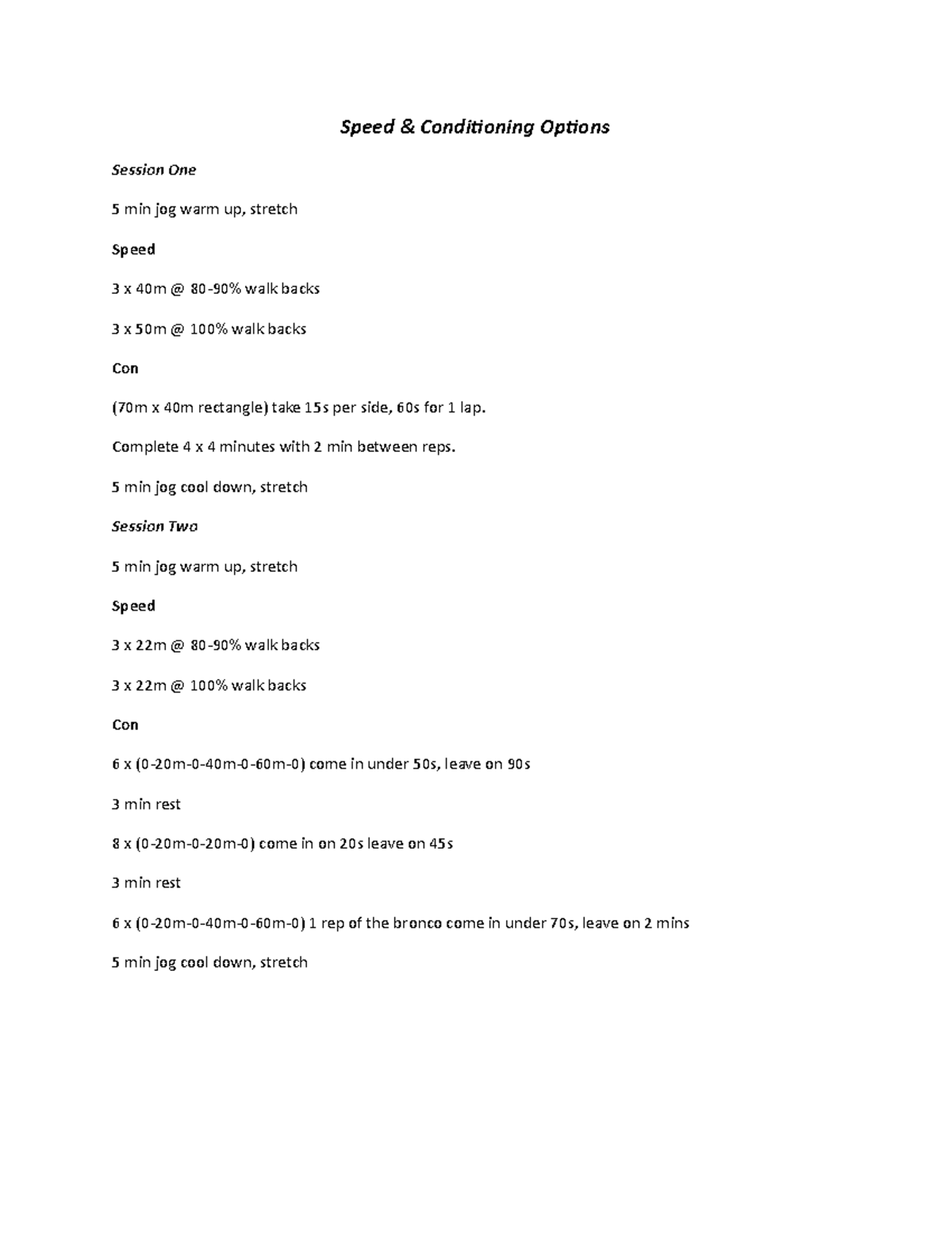 Speed and con options - good - Speed & Conditioning Options Session One ...
