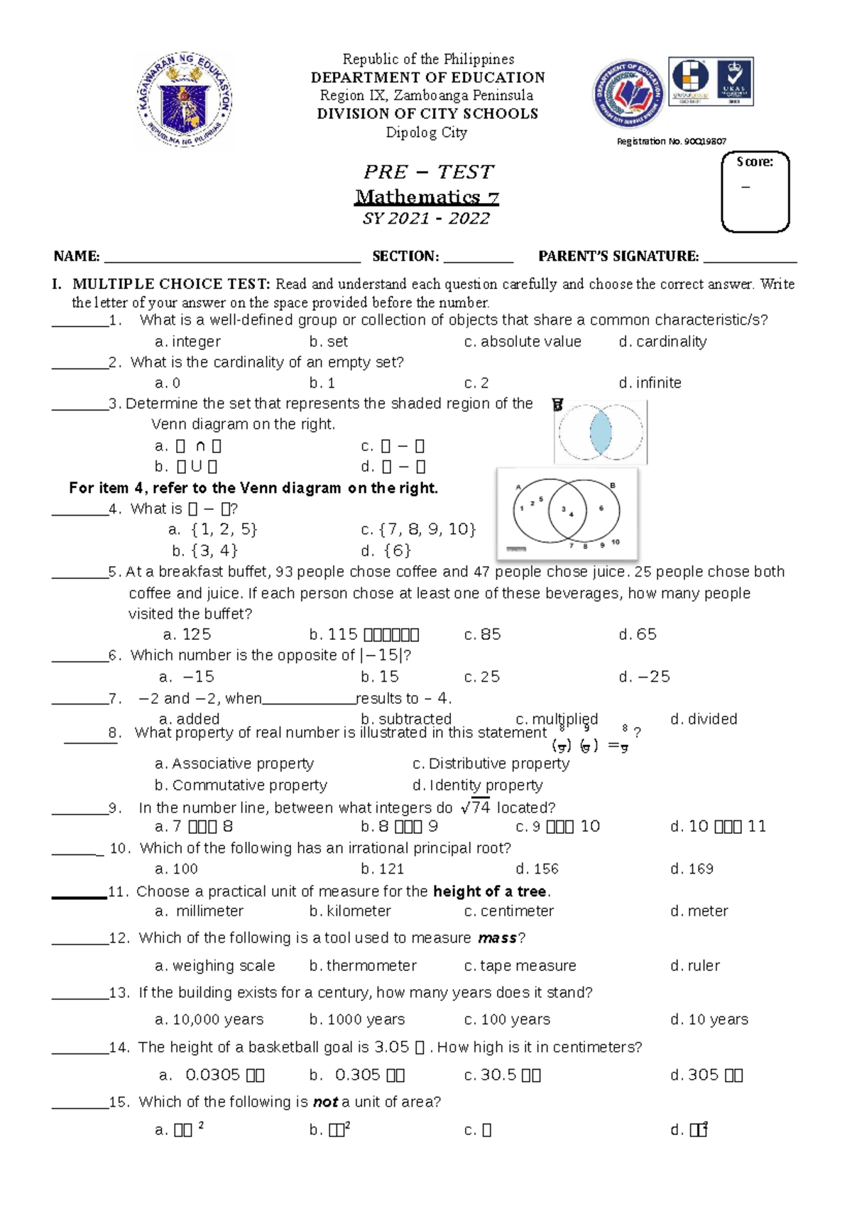 Math-7-Pre-Test-SY-2021-2022 - Registration No. 90Q Score: _ Republic ...