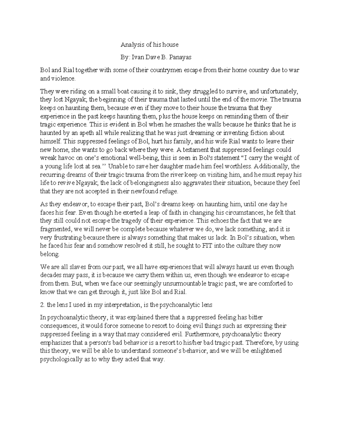 Analysis of his house - Panayas Bol and Rial together with some of ...