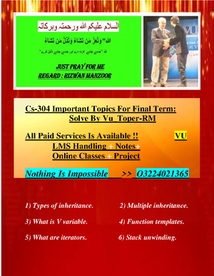 CS304 Mcq's Final Term By Vu Topper RM - CS- 304 Object Oriented Programming Update MCQS For ...