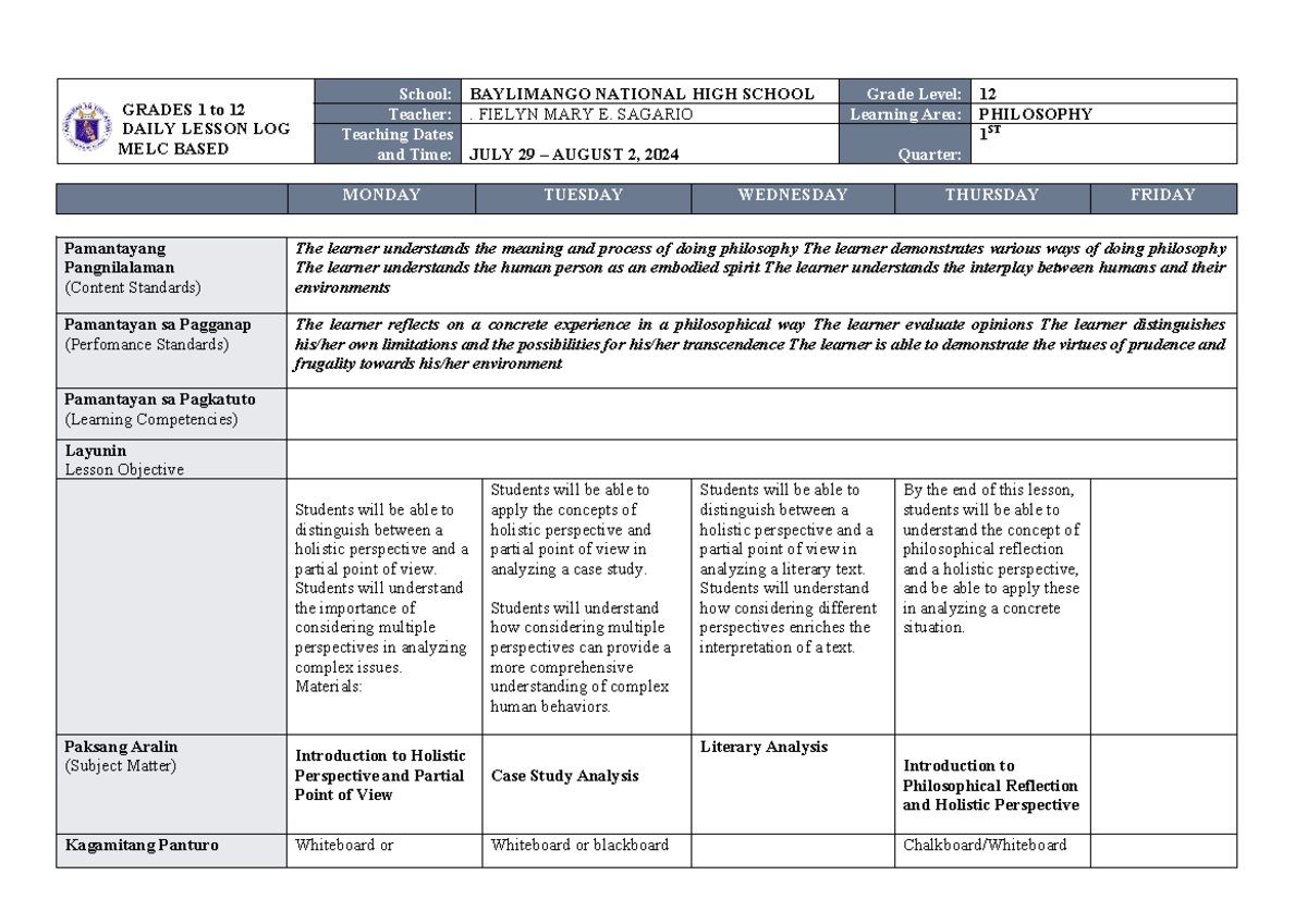 WEEK 1 - for reference - GRADES 1 to 12 DAILY LESSON LOG MELC BASED ...