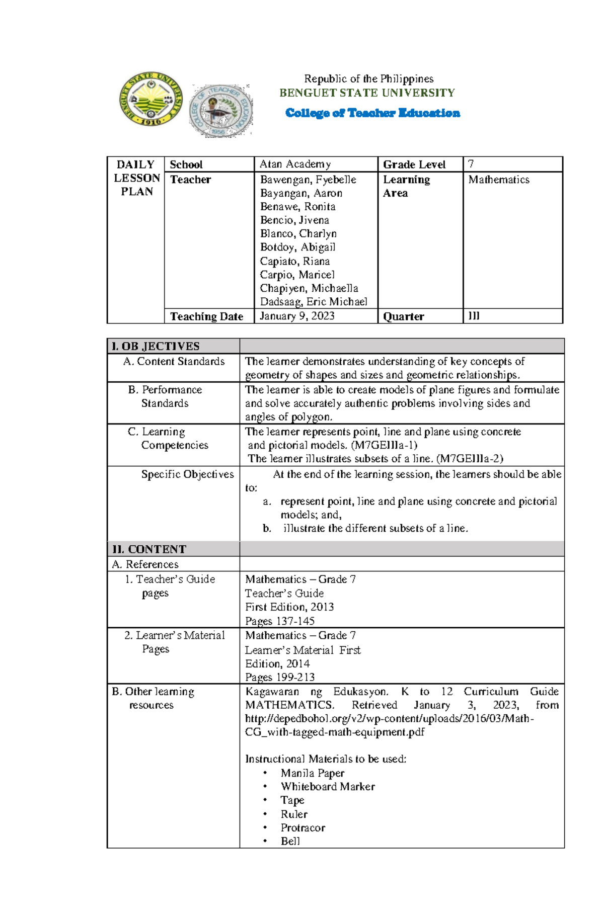 Direct Teaching - Lesson Plan - Republic of the Philippines BENGUET ...