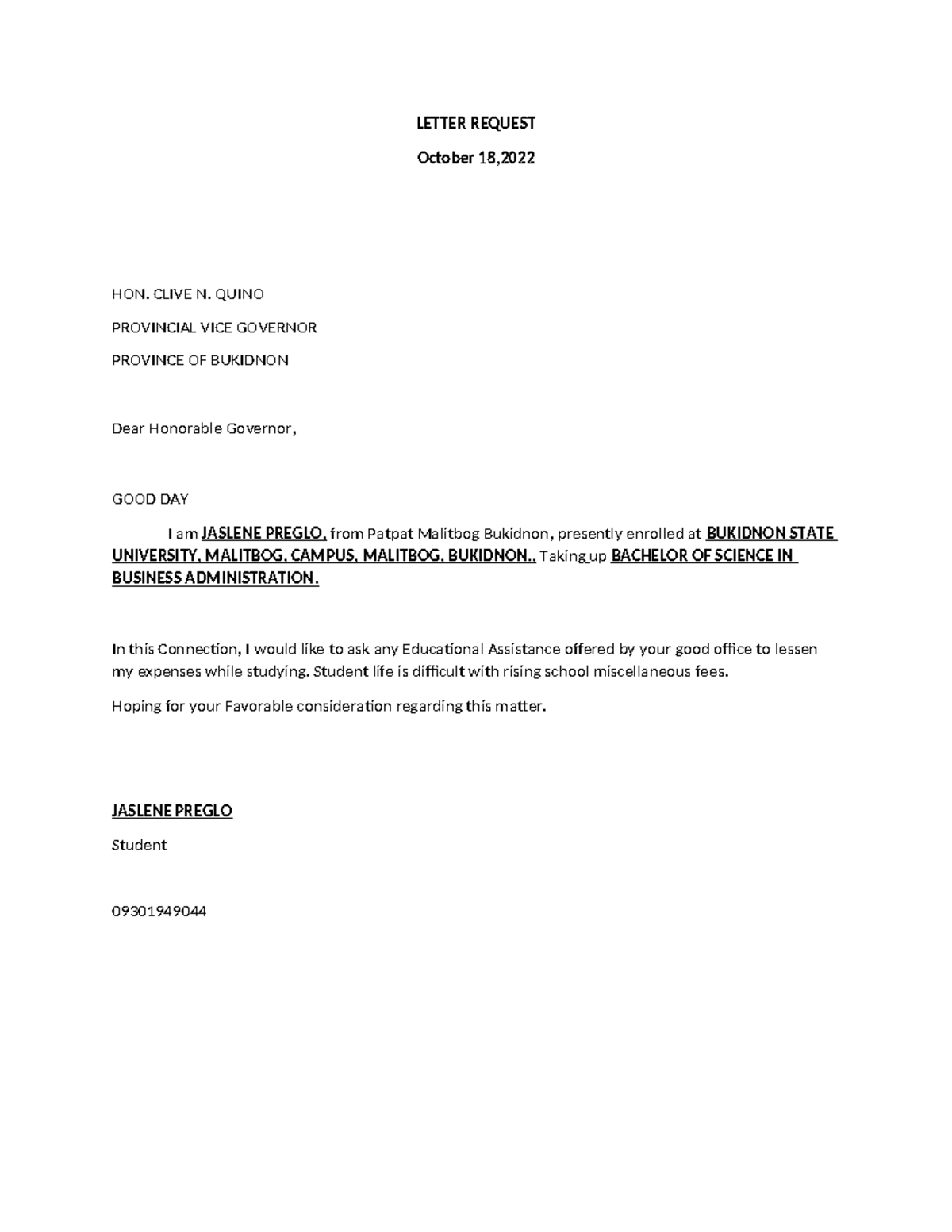Letter Request - for reviewing - October 18, HON. CLIVE N. QUINO ...