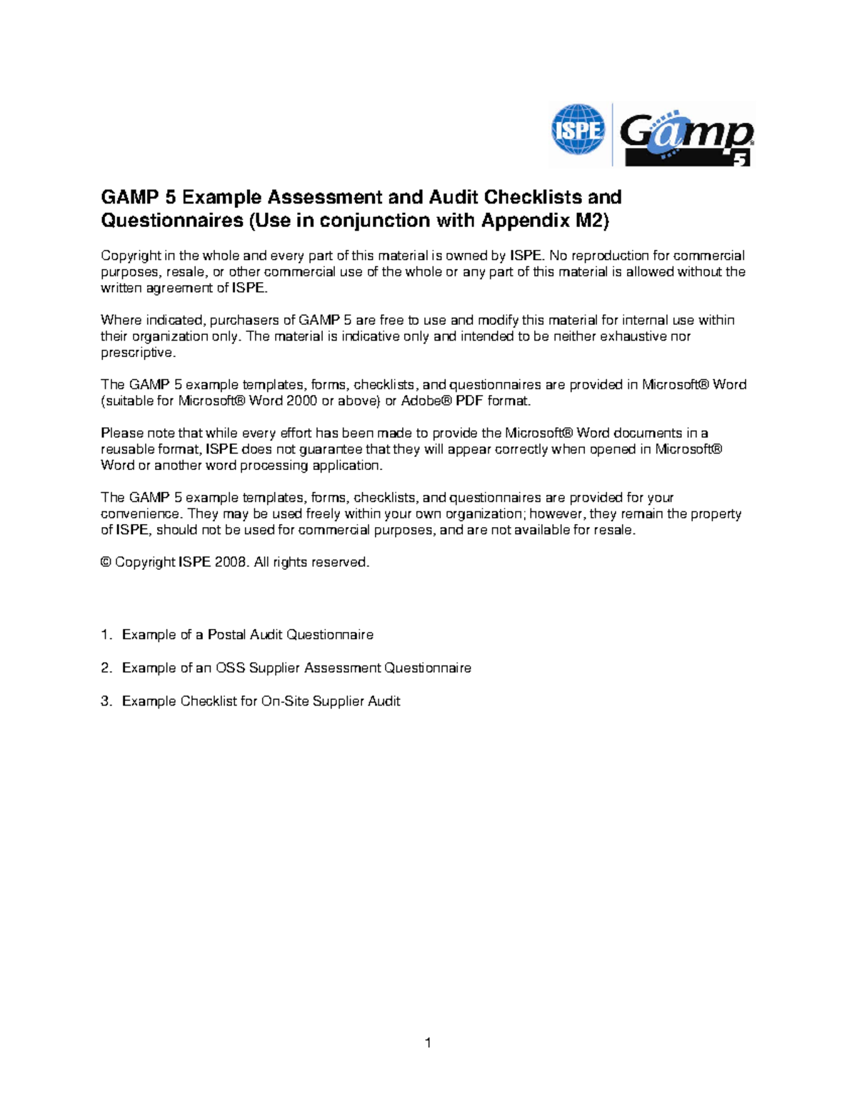 Example Checklists and Questionnaires GAMP 5 - GAMP 5 Example ...