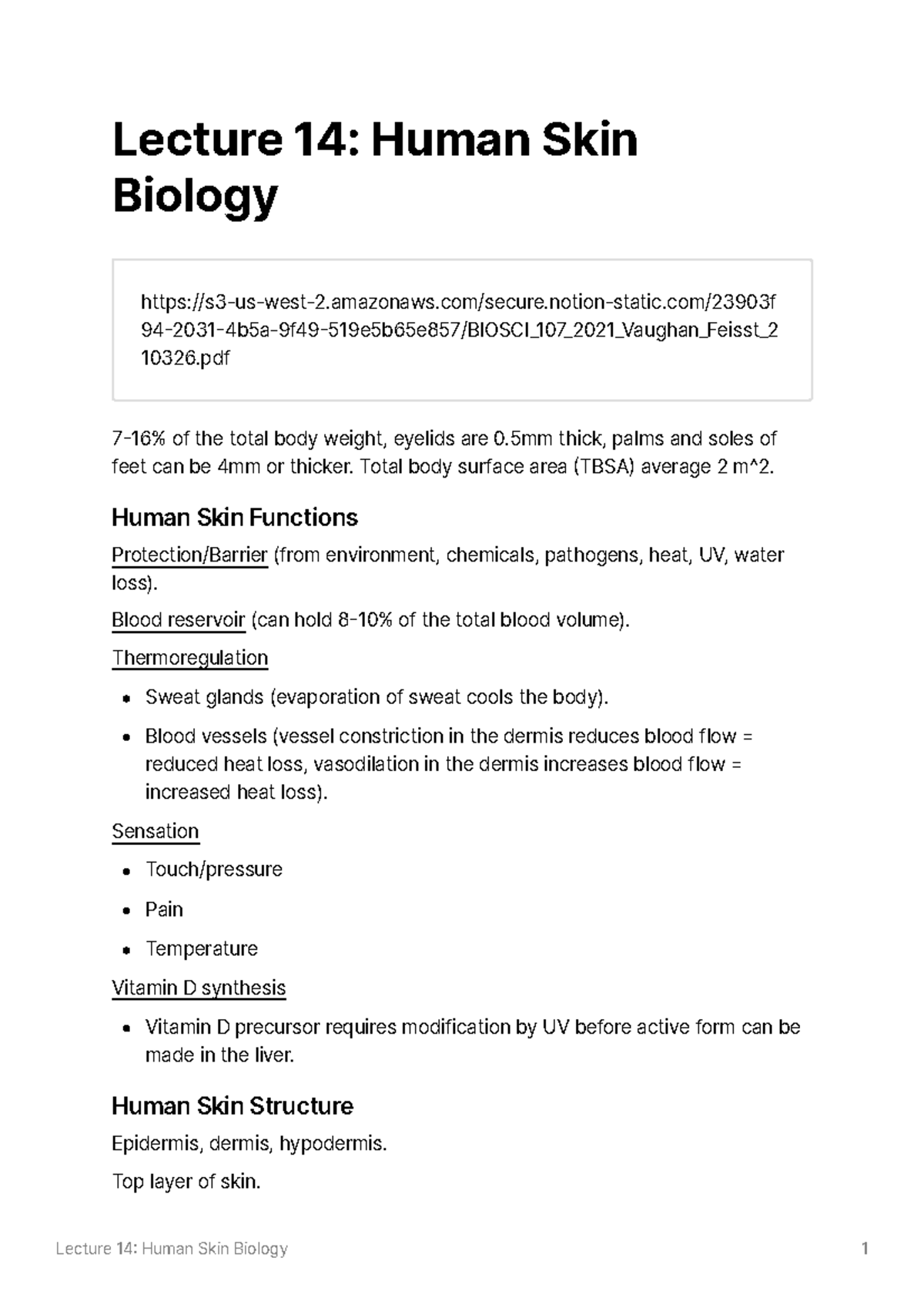 Human Skin Biology - Lecture 14: Human Skin Biology - Studocu
