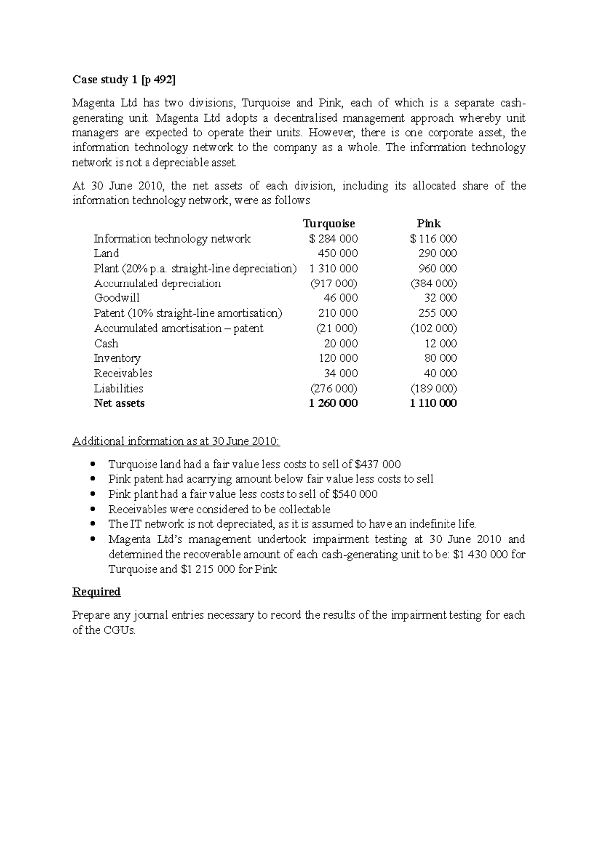 IAS 36 - Impairment of asset -case study 1 - Case study 1 [p 492 ...