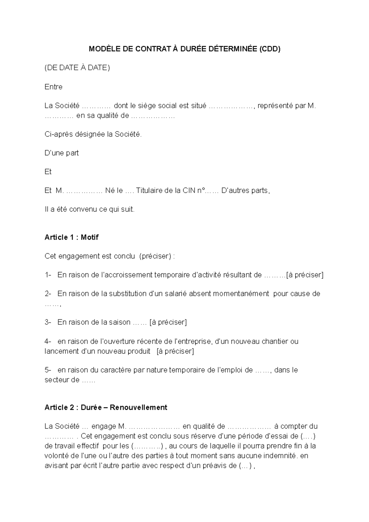 Modèle DE Contrat À Durée Déterminée (CDD) - MODÈLE DE CONTRAT À DURÉE ...