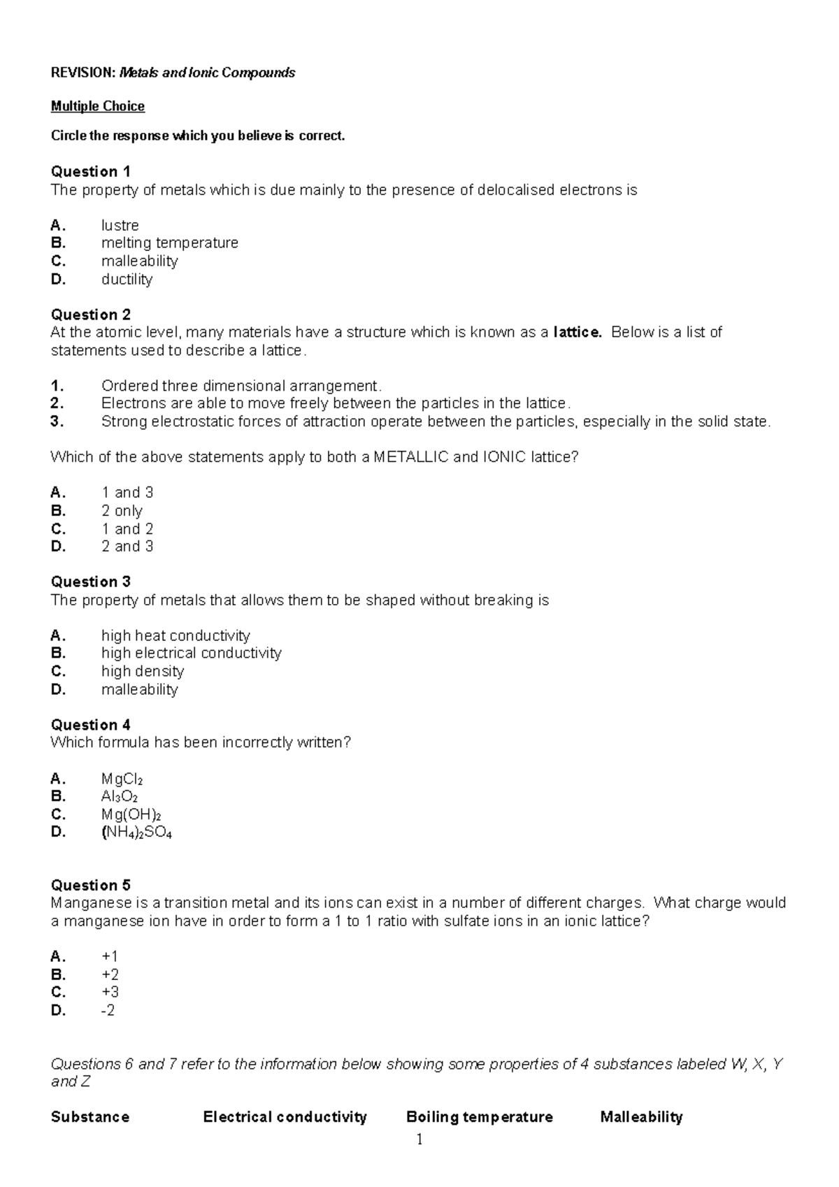 Chemistry C3+4 (Ver1) Questions - REVISION: Metals and Ionic Compounds ...