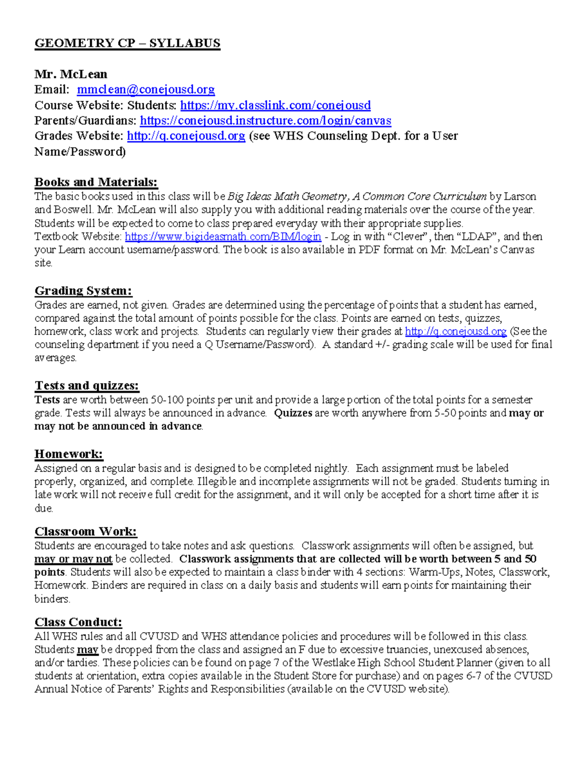 2223 Geometry CP Syllabus - GEOMETRY CP – SYLLABUS Mr. McLean Email ...