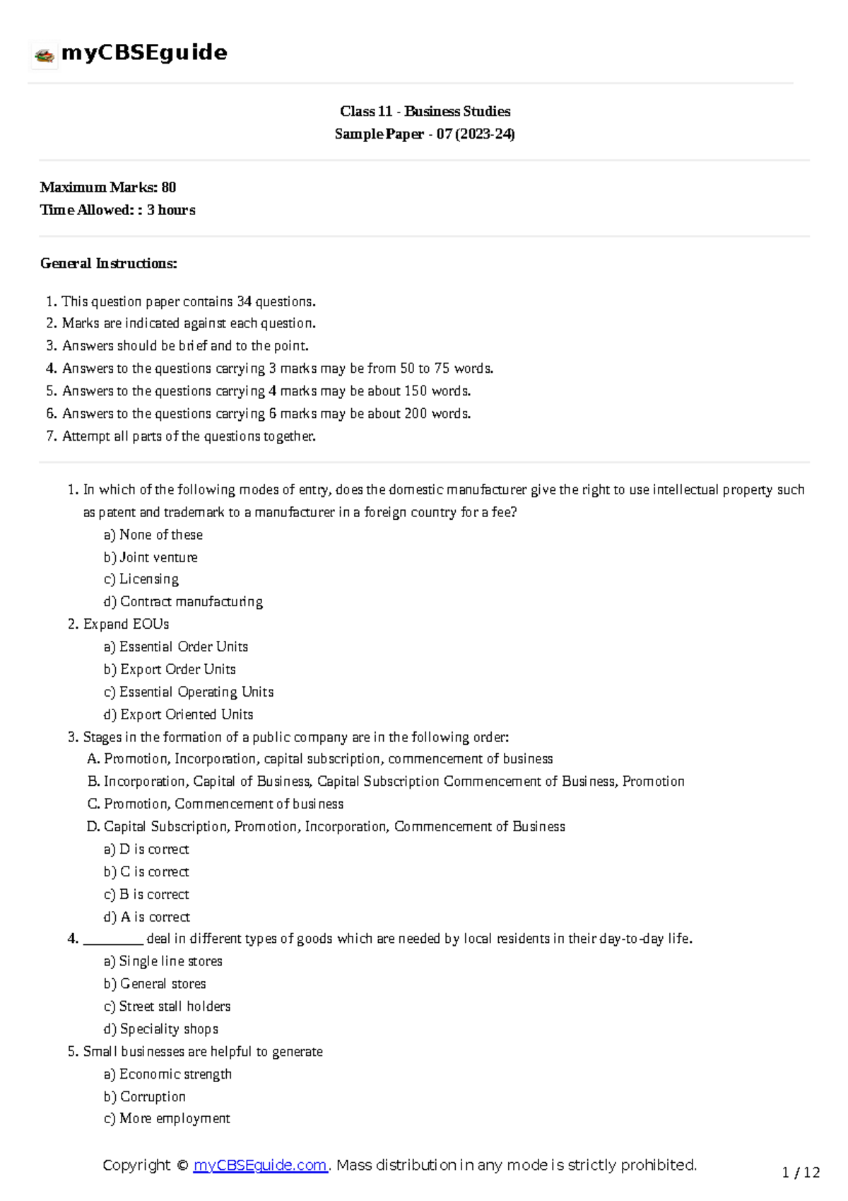 11 business studies 23 24sp07 - Class 11 - Business Studies Sample ...