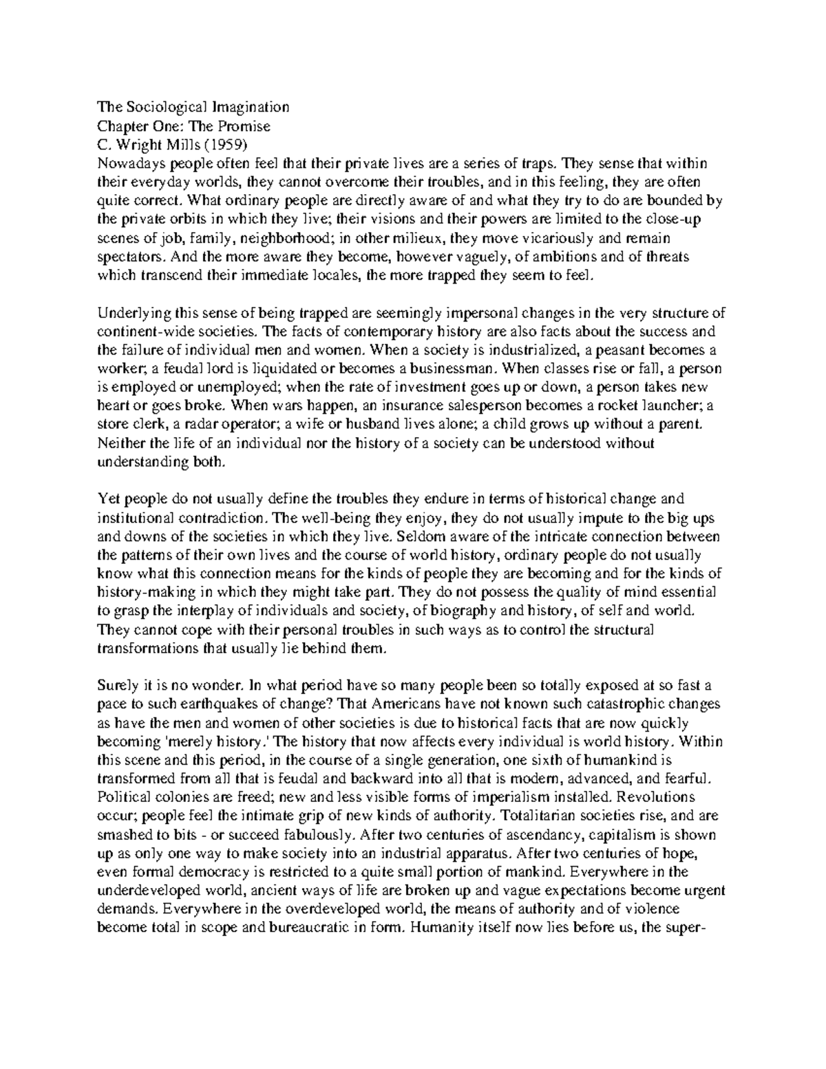 The-Promise - The promise - The Sociological Imagination Chapter One ...