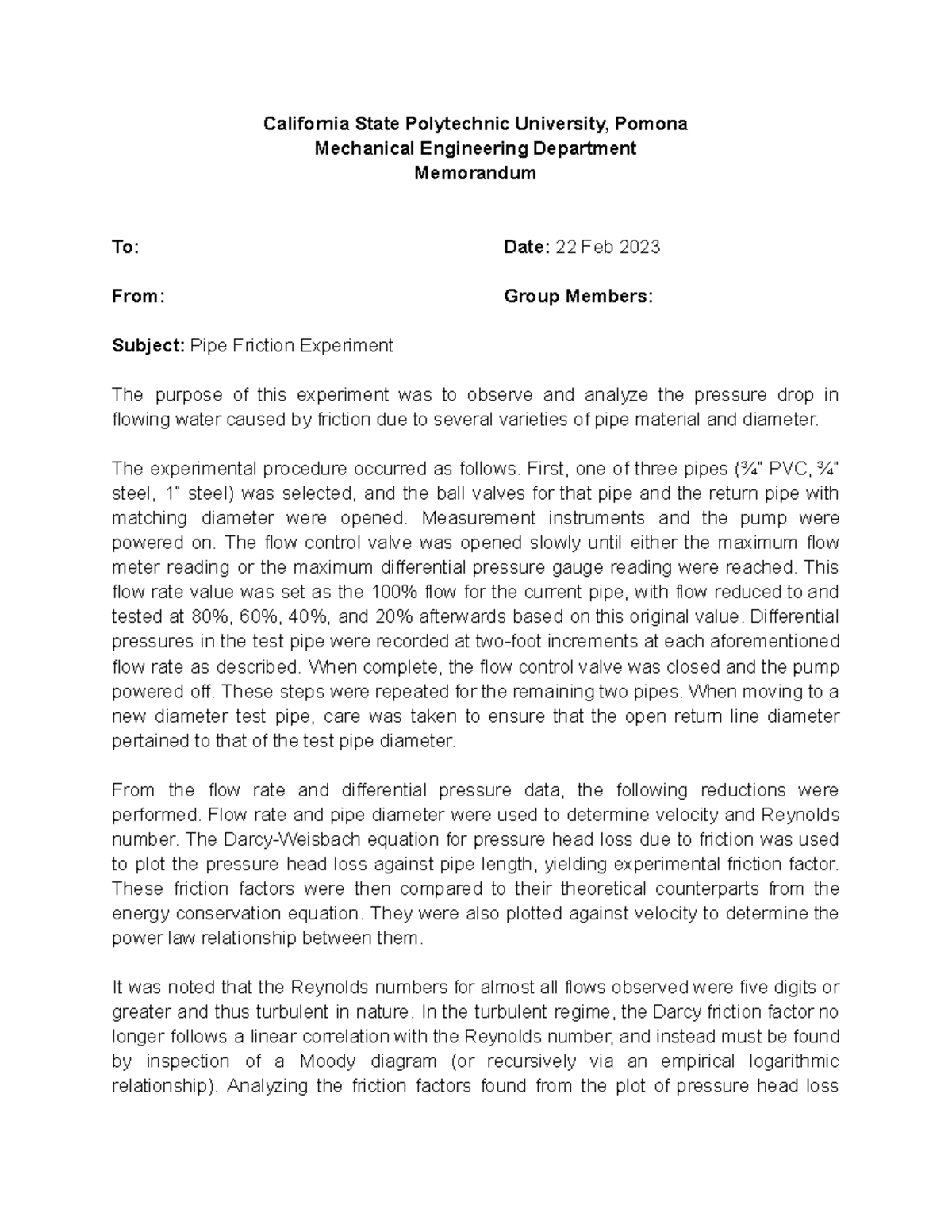 Pipe friction lab report - California State Polytechnic University ...
