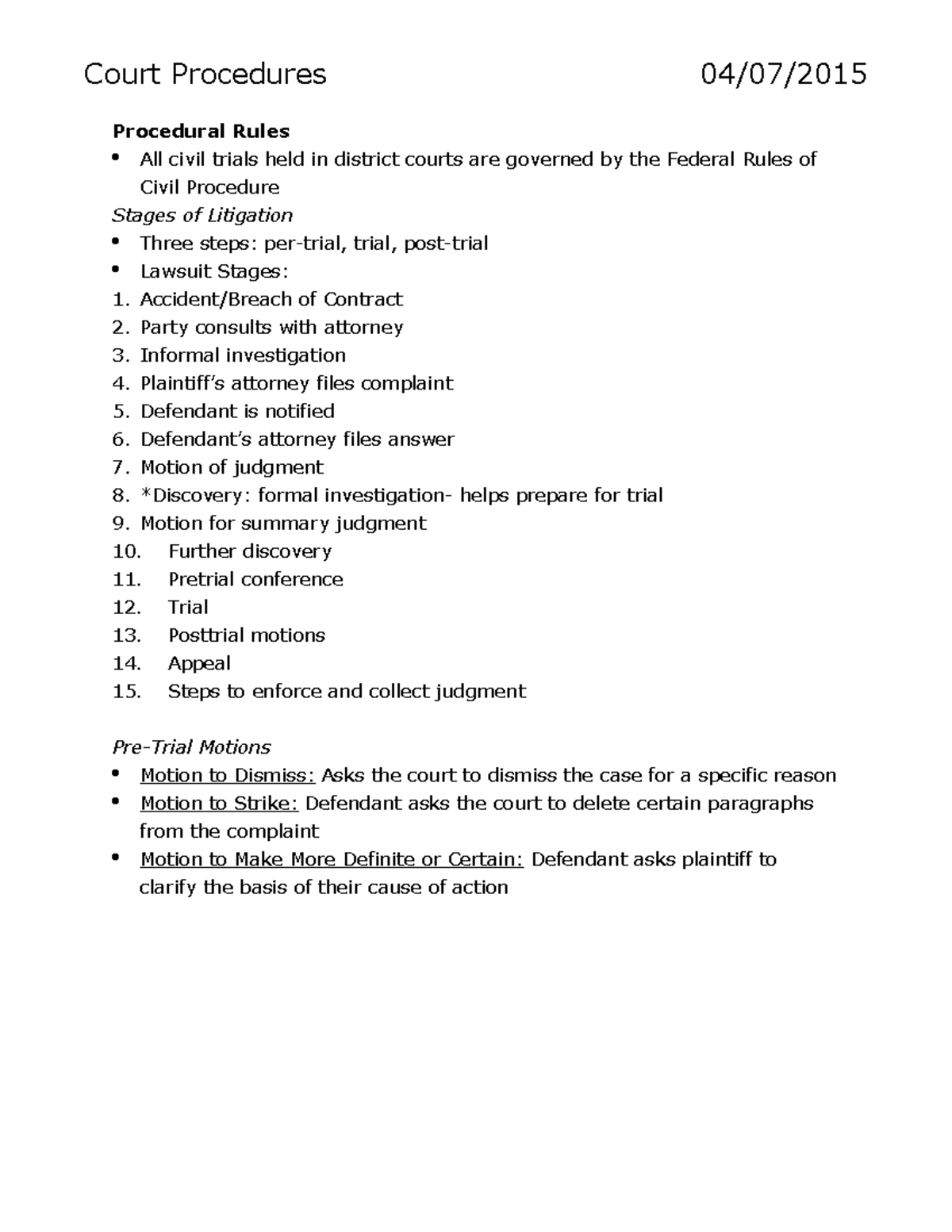 FRL 201 Chapter 3 - Court Procedures Procedural Rules All civil trials ...