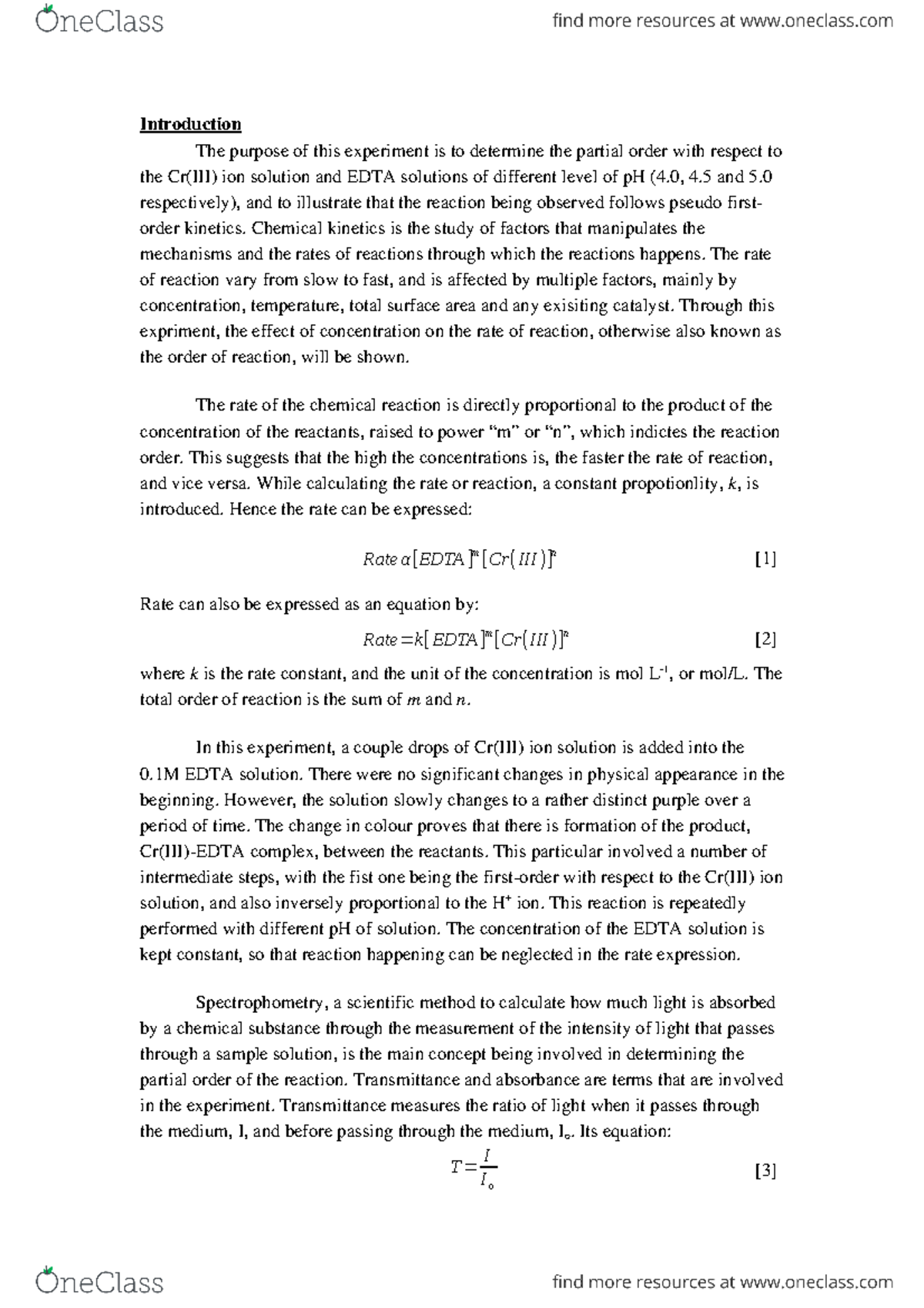Kinetics Lab - Introduction The purpose of this experiment is to ...