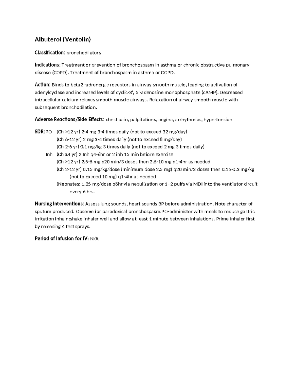 Pediatric Meds list - Albuterol (Ventolin) Classification ...