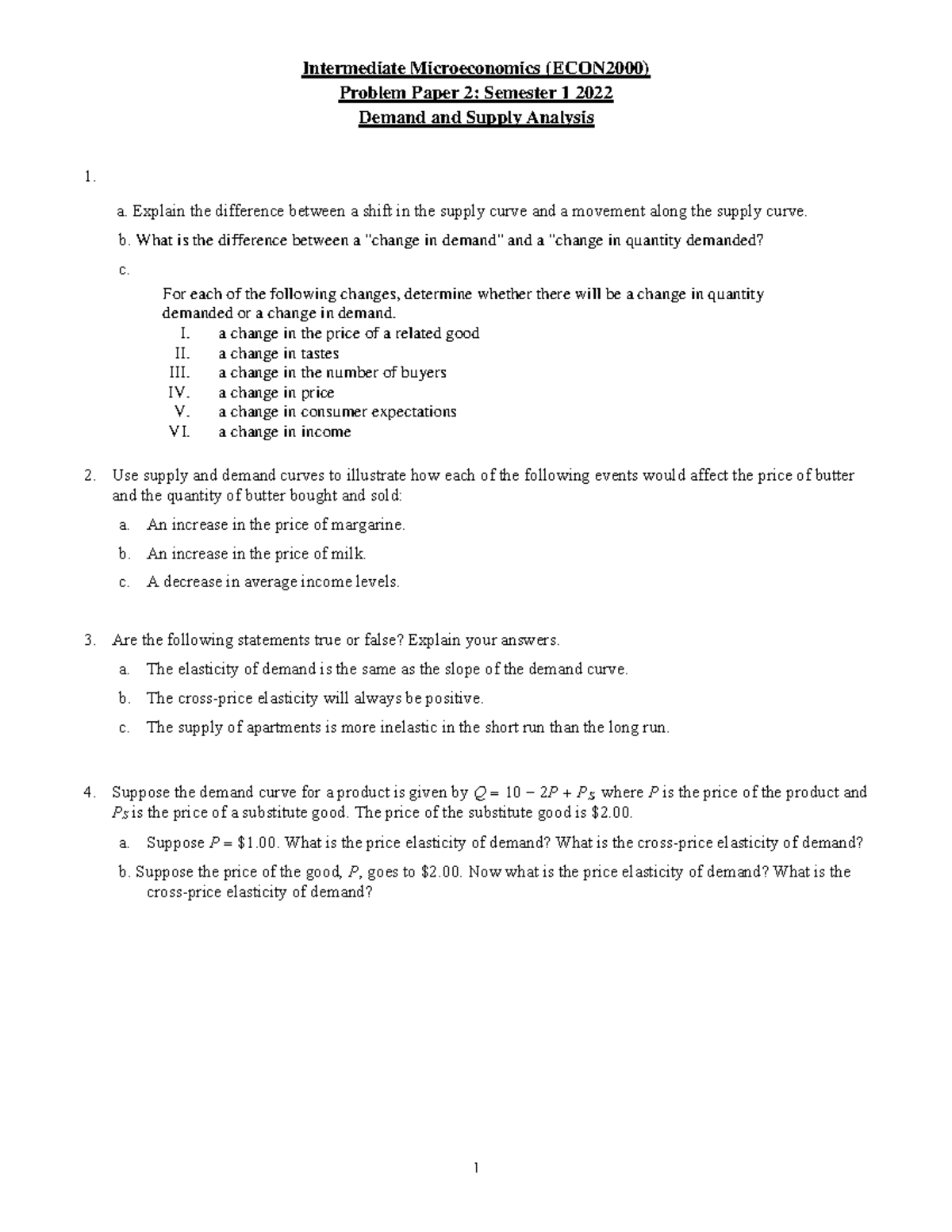 ECON2000 PS2 F22 Ourvle - 1 Intermediate Microeconomics (ECON2000) Problem Paper 2: Semester 1 ...