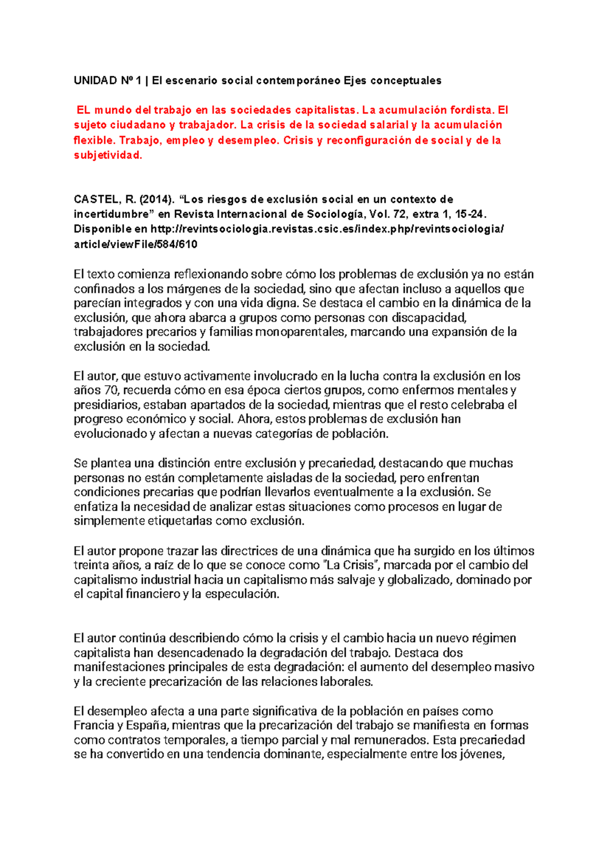 Castel, R. (2014 ). “Los riesgos de exclusión social en un contexto de incertidumbre” - UNIDAD ...