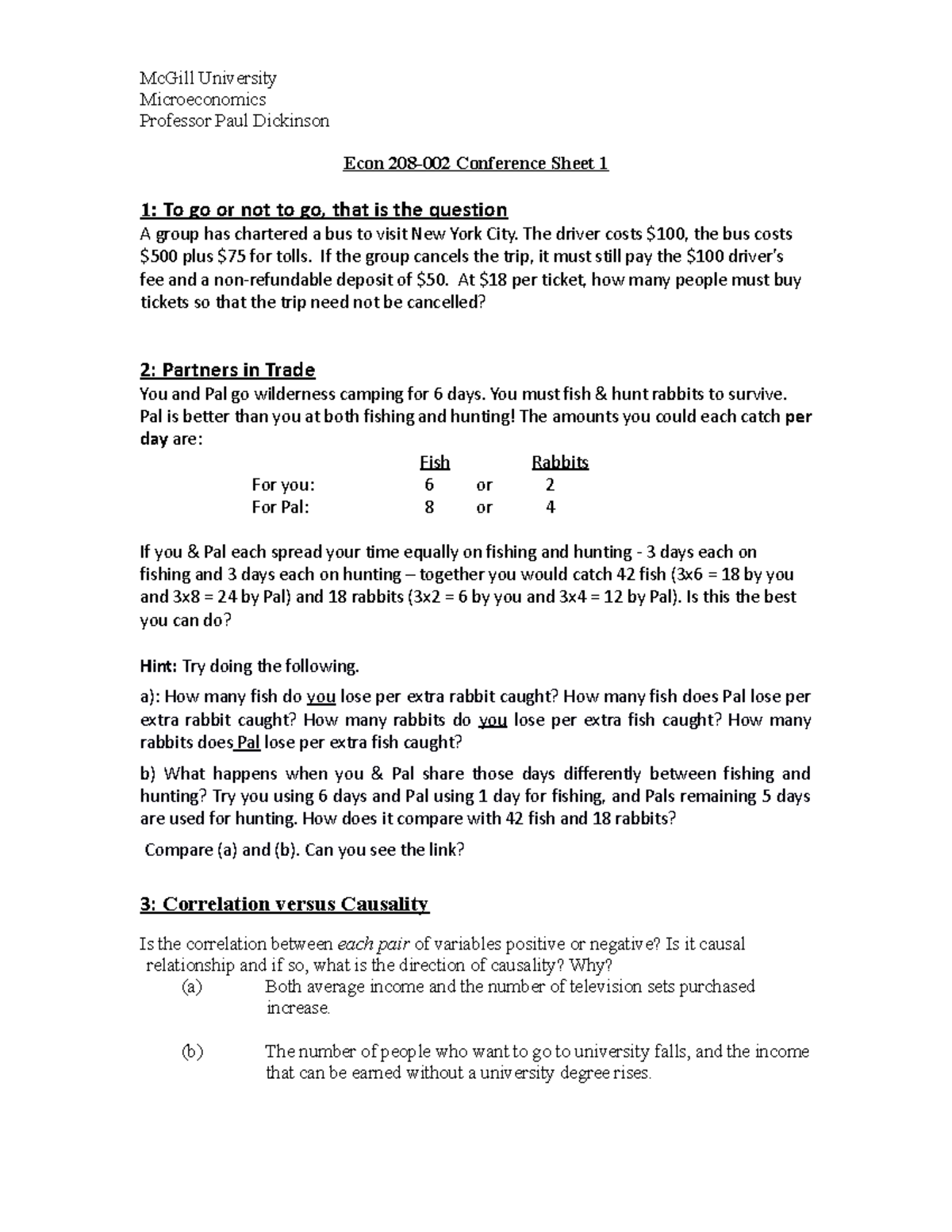 Econ 208 Conference Sheet 1 - McGill University Microeconomics Professor Paul Dickinson Econ 208 ...