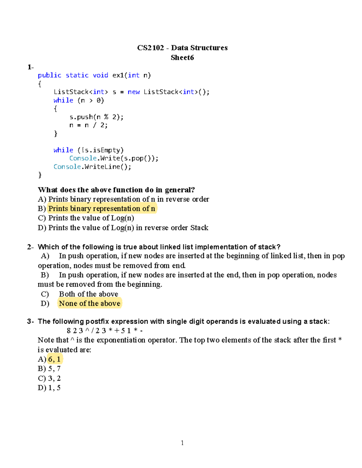 Sheet 6 Sol - 1 CS2102 - Data Structures Sheet 1- public static void ...