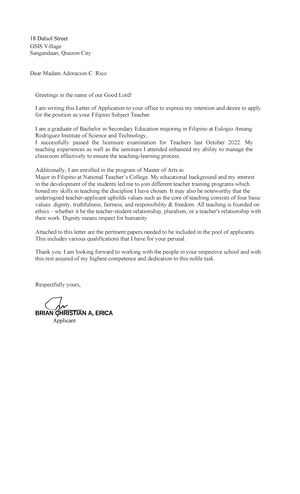 Sample - Letter OF Application (Teacher 1 in Elem & JHS) - January 7, 2016 Dr. / Mr. / Mrs. / Ms ...