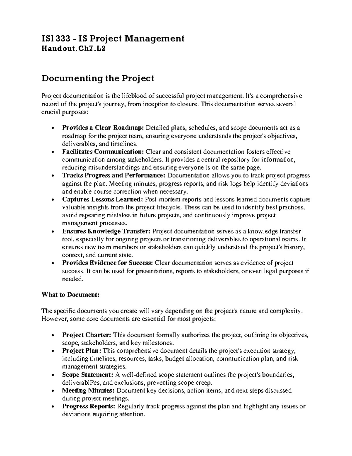 Handout Ch7 - IS1333 - IS Project Management Handout.Ch7 2 Documenting ...