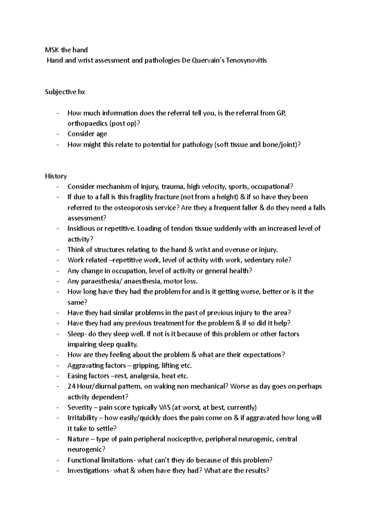 MSK the hand Hand and wrist assessment and pathologies De Quervain's ...