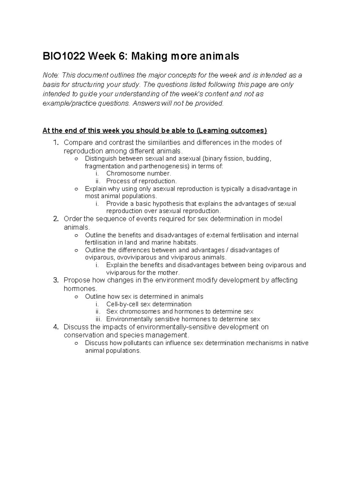 BIO 1022 Week 6 Study Guide - BIO1022 Week 6: Making more animals Note ...