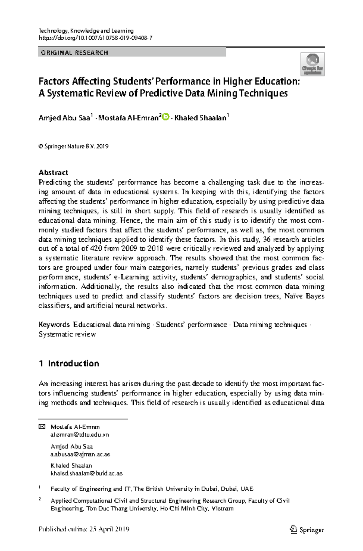 Factors Affecting Students Performance i - Vol.:(0123456789) Technology, Knowledge and Learning ...
