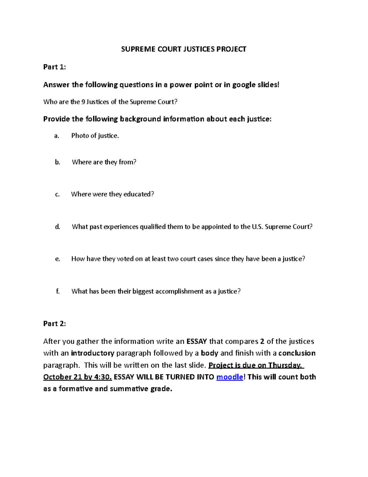 Supreme Court Project - SUPREME COURT JUSTICES PROJECT Part 1: Answer ...