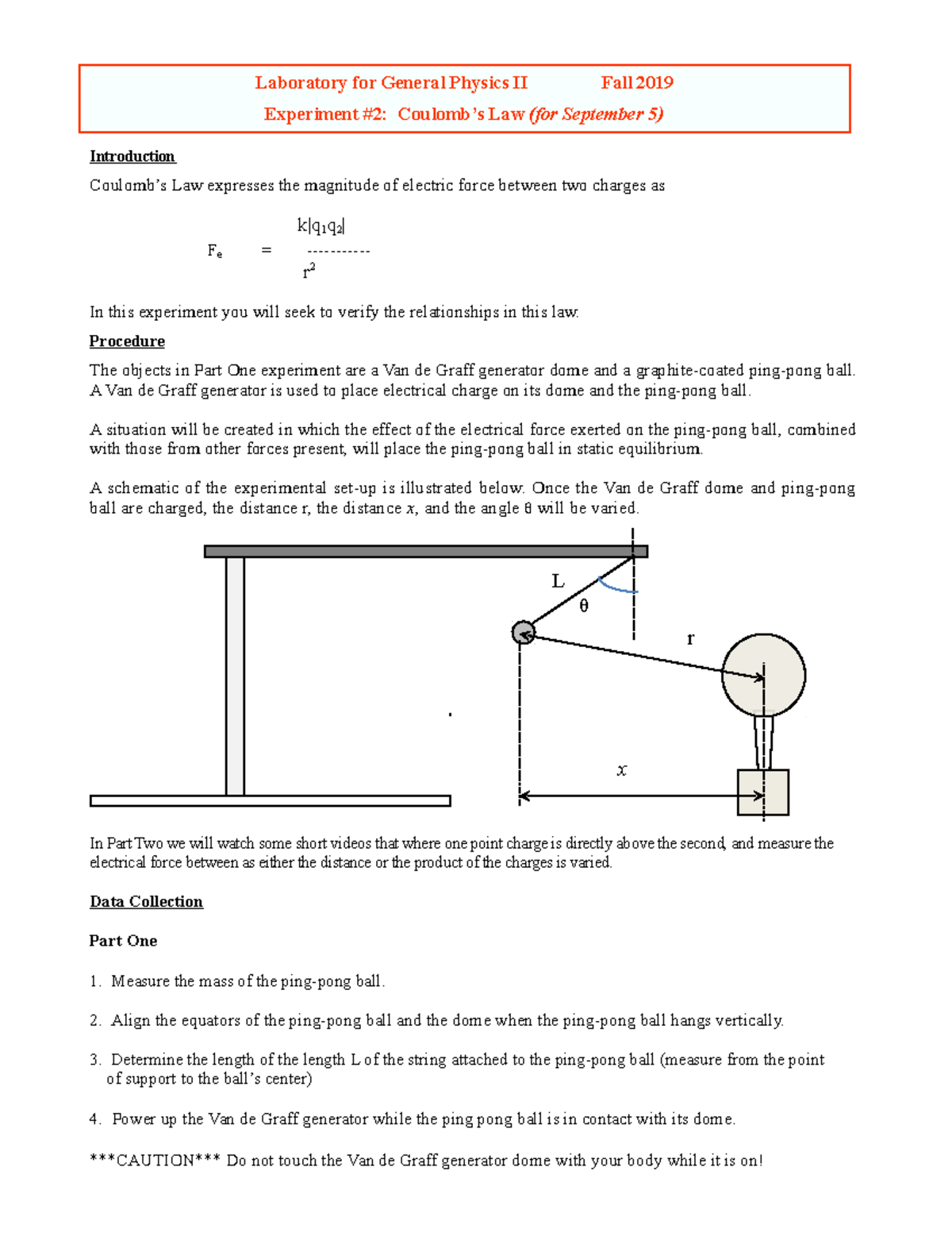 Physics 1602 Coulomb's Law (Expt 2) Fall 2019 - Introduction Coulomb’s ...