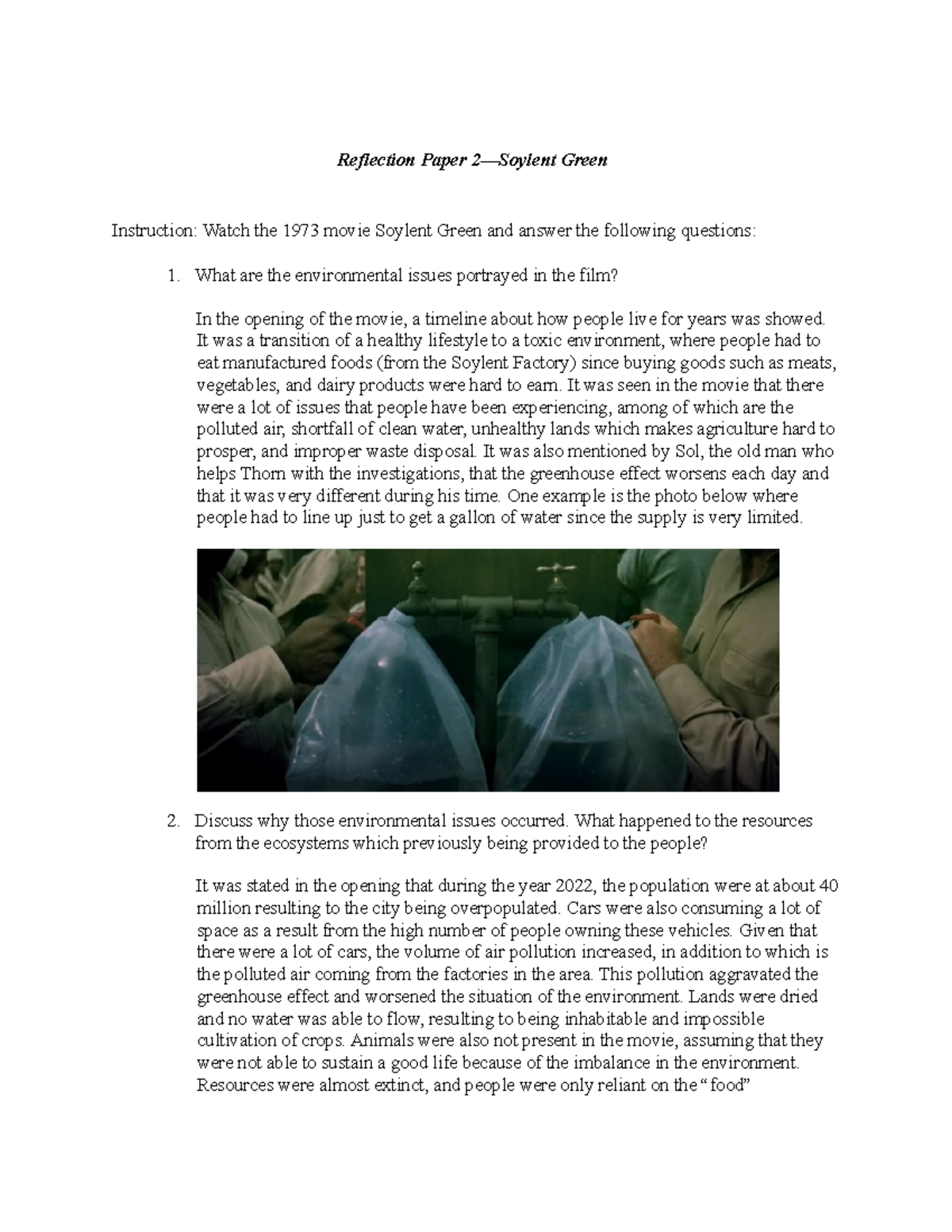 Reflection Paper 2 Soylent Green - Reflection Paper 2—Soylent Green ...